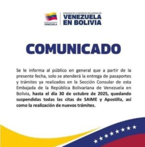 Embajada de Venezuela en Bolivia suspende nuevas citas de pasaportes ...